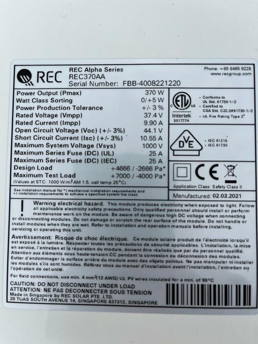 PV-Module - REC - REC370AA - 370Wp - Mono - Secondsol