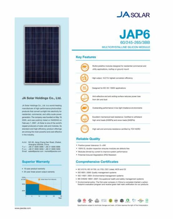 PV-Module - JA Solar - JAP6-60 260/SI Poly - 260Wp - Poly - Secondsol