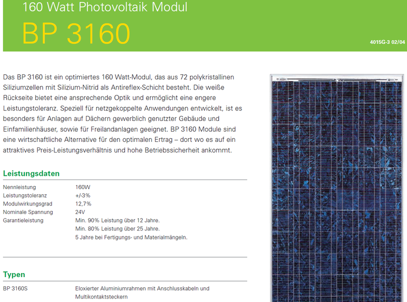 PV-Module - BP Solar - BP 3160 S - 160Wp - Poly - Secondsol