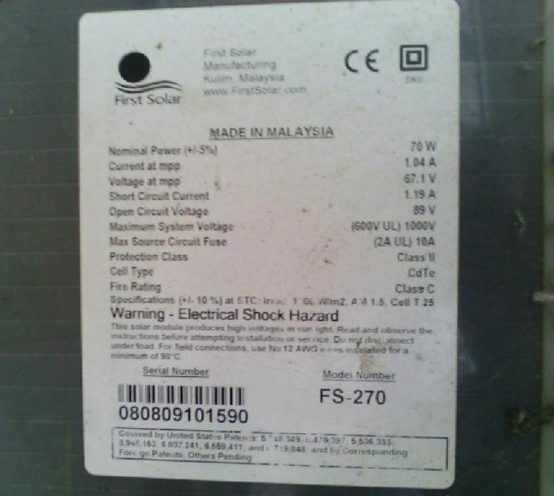 PV-Module - First Solar - FS-270 - 70Wp - CdTe - Secondsol