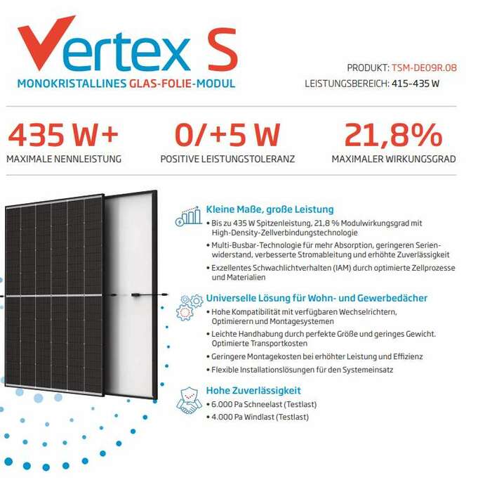 PV-Module - Trina Solar - MONOKRISTALLINES GLAS-FOLIE-MODUL Trina Vertex S TSM-DE09R.08 425W ...