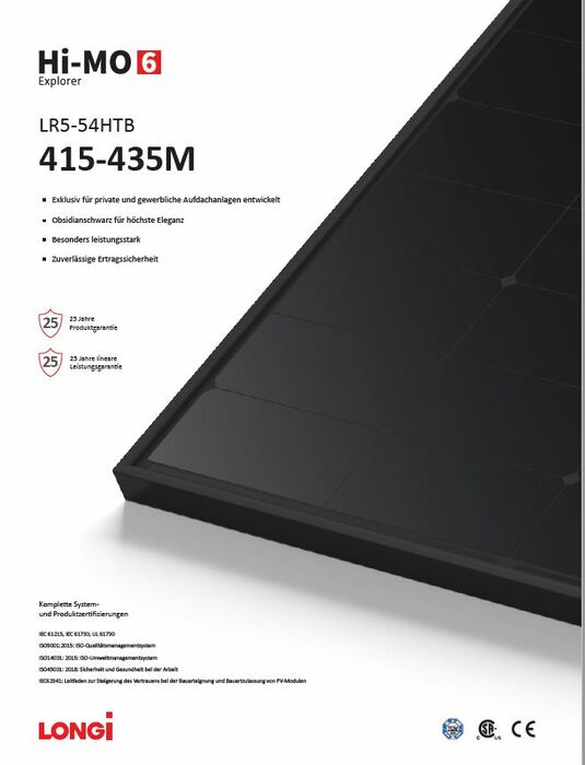 PV-Module - LONGI Solar - LR5-54HTB 430w Full Black - 430Wp - Mono - Secondsol