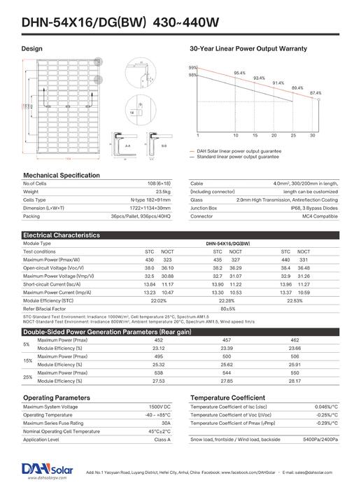PV-Module - DAH SOLAR - DHN-54X16/DG(BW)-435W - 435Wp - Mono - Secondsol