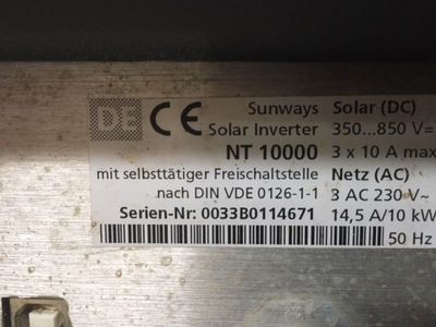 Inverter - Sunways - NT 10000 - String - Secondsol