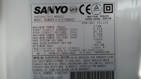 Solar Panel - Sanyo - HIP-210NKHE1 - 210Wp - Mono - Secondsol