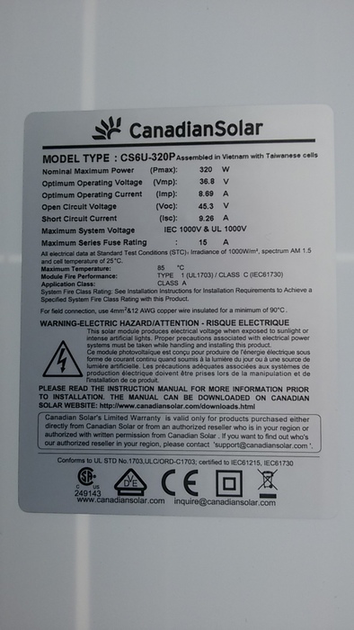 Solar Panel - Canadian Solar - CS6U-320P Maxpower - 320Wp - Poly ...