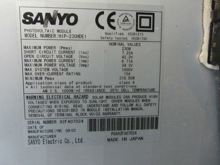 Solar Panel - Sanyo - HIP-230HDE1 - 230Wp - Mono - Secondsol