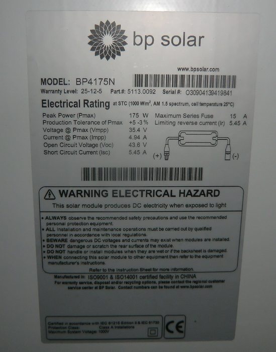 Solar Panel - BP Solar - BP4175N - 175Wp - Mono - Secondsol