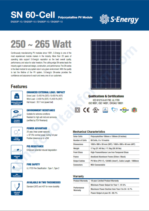 Solar Panel - S-Energy - SN255P-10 - 255Wp - Poly - Secondsol