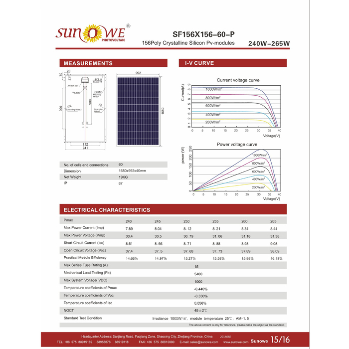 Solar Panel - Sunowe - Sunowe 265 Watt SF156X156-60-P - 265Wp - Poly ...