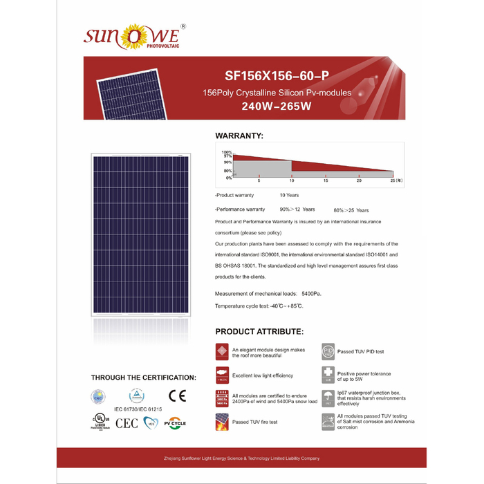 Solar Panel - Sunowe - Sunowe 265 Watt SF156X156-60-P - 265Wp - Poly ...