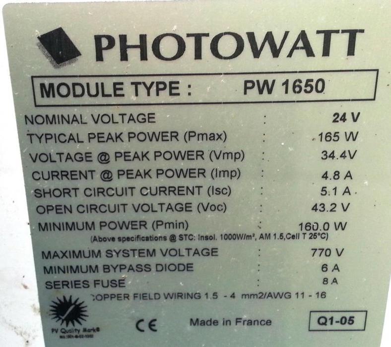Solar Panel - Photowatt - PW1650-165/24V - 165Wp - Poly - Secondsol