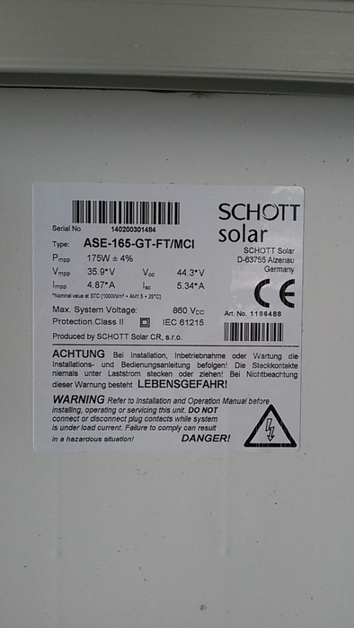 Solar Panel - Schott Solar - ASE-165-GT-FT/MCI 175Wp - 175Wp - Poly ...