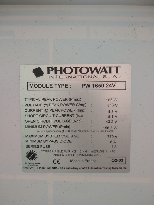 Solar Panel - Photowatt - PW1650-165/24V - 165Wp - Poly - Secondsol