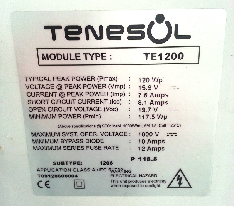 Solar Panel - Tenesol - TE1200 - 120Wp - 120Wp - Poly - Secondsol