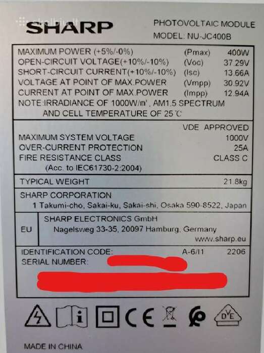 Solar Panel - Sharp - Sharp NU-JC 400Wp - 400Wp - Mono - Secondsol
