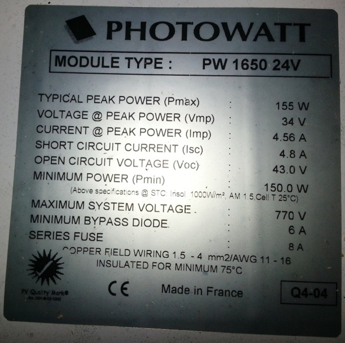 Solar Panel - Photowatt - PW1650-155/24V - 155Wp - Poly - Secondsol