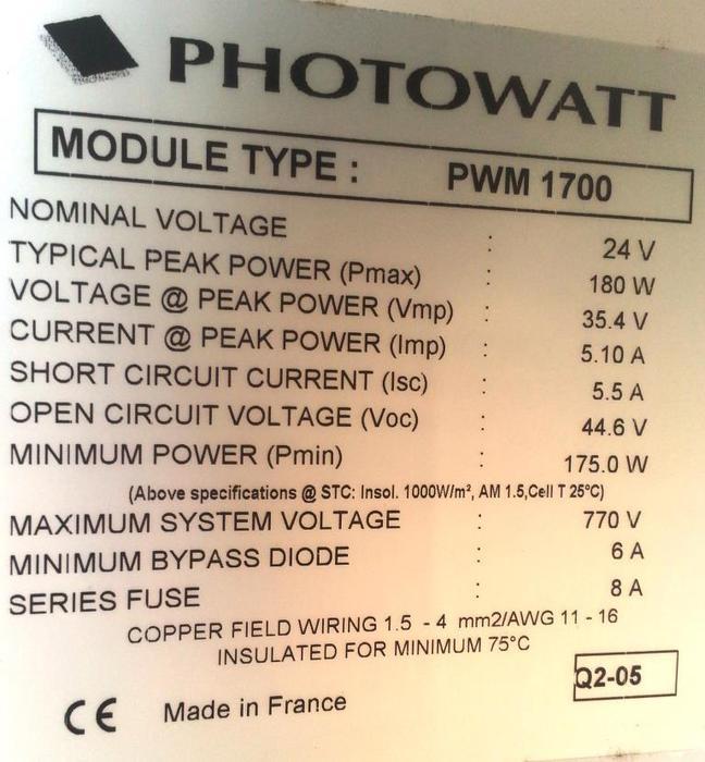 Solar Panel - Photowatt - PWM 1700 180Wp - 180Wp - Mono - Secondsol