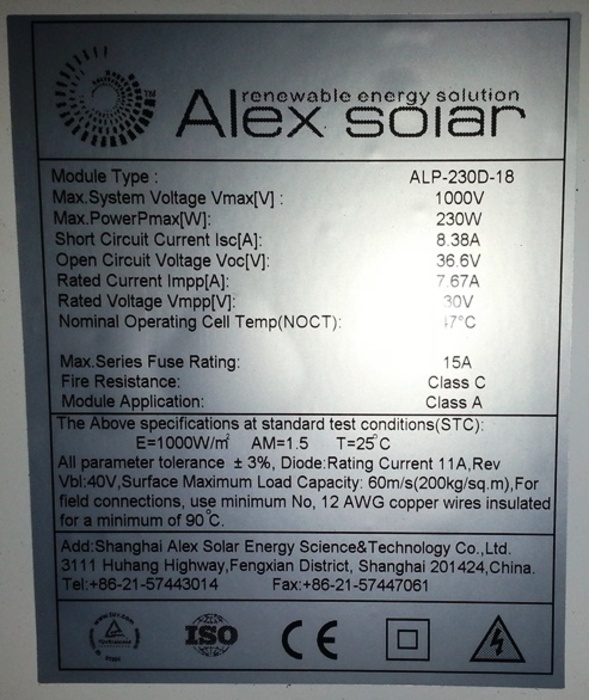 Solar Panel - Alex Solar - ALP-230D-18 - 230Wp - Poly - Secondsol