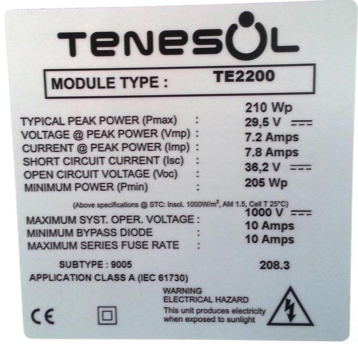 Solar Panel - Tenesol - TE2200 210Wp - 210Wp - Mono - Secondsol