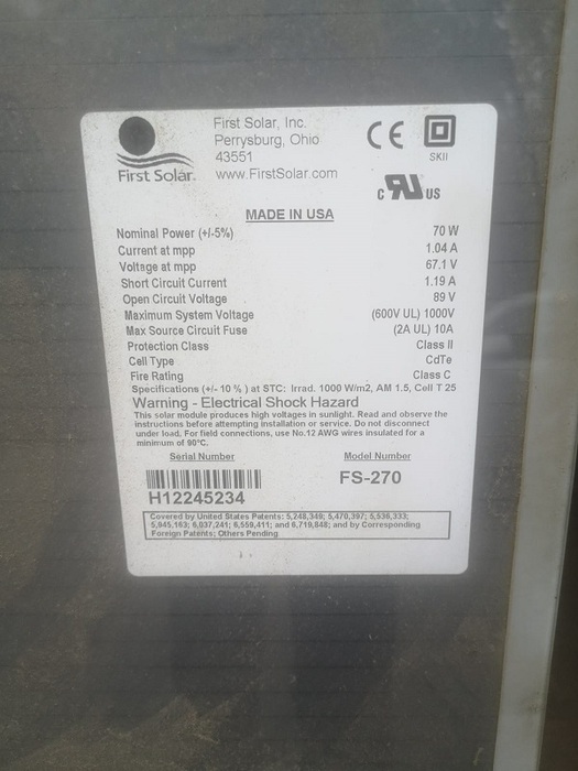 Solar Panel - First Solar - FS-270 - 70Wp - CdTe - Secondsol