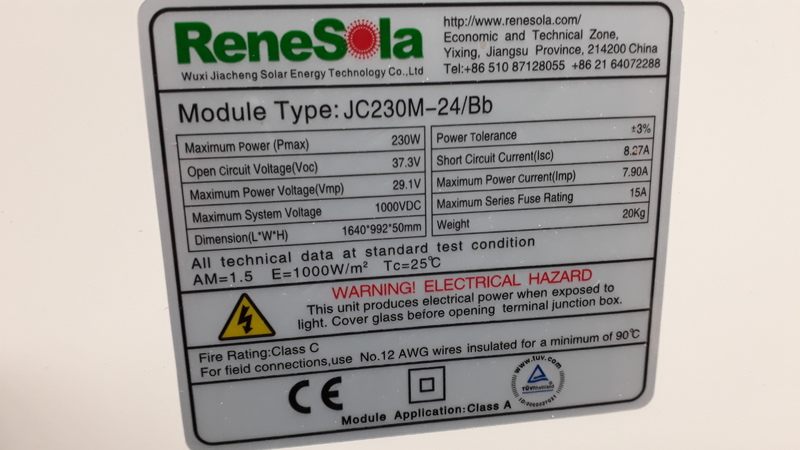 Solar Panel - Renesola - JC230M-24/Bb 230Wp - 230Wp - Poly - Secondsol