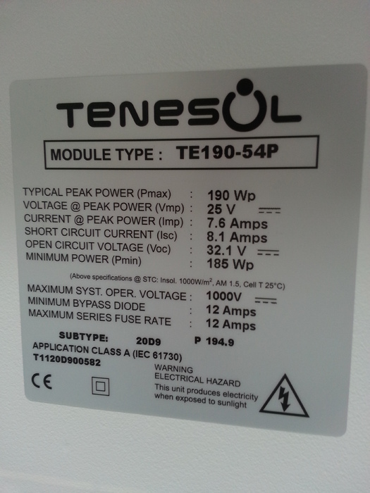 Solar Panel - Tenesol - TE190-54P 190Wp - 190Wp - Poly - Secondsol