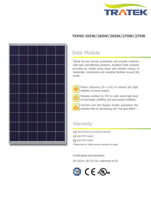 Solar Panel - Tratek - TKP60-275W - 275Wp - Poly - Secondsol