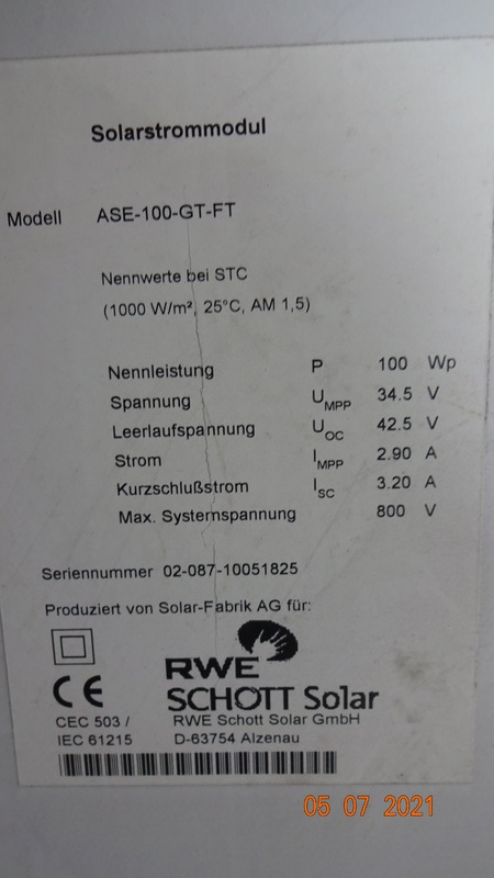 Solar Panel - Schott Solar - ASE-100-GT-FT (B) 100Wp - 100Wp - Poly ...