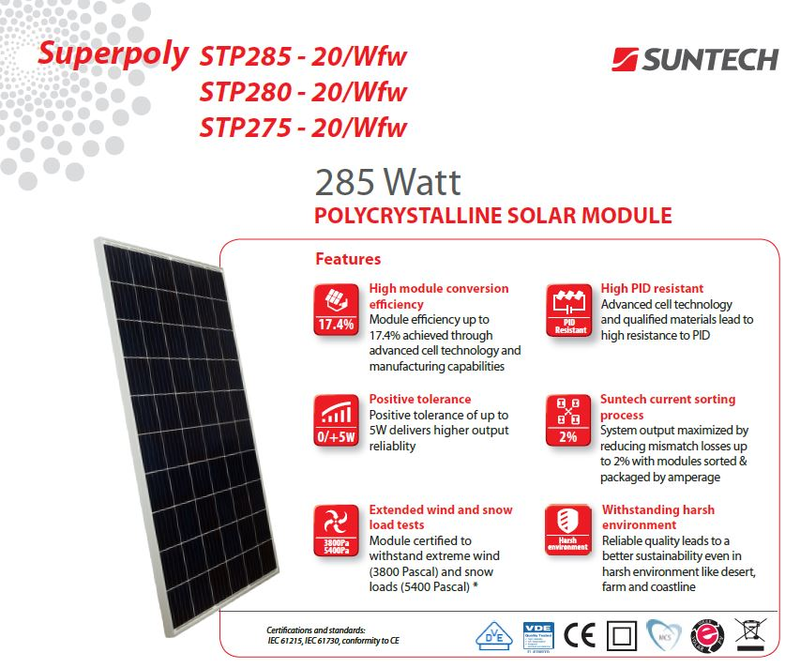 Solar Panel - Suntech - STP280-20/Wfw - 280Wp - Poly - Secondsol
