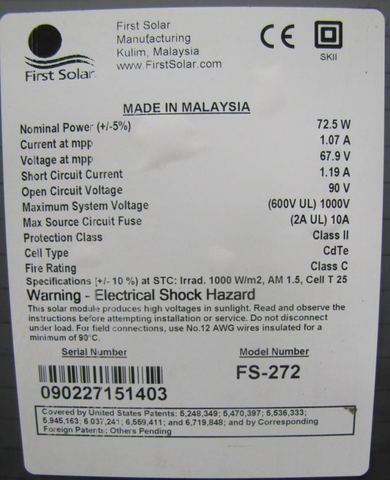 Solar Panel - First Solar - FS-272 - 72Wp - CdTe - Secondsol