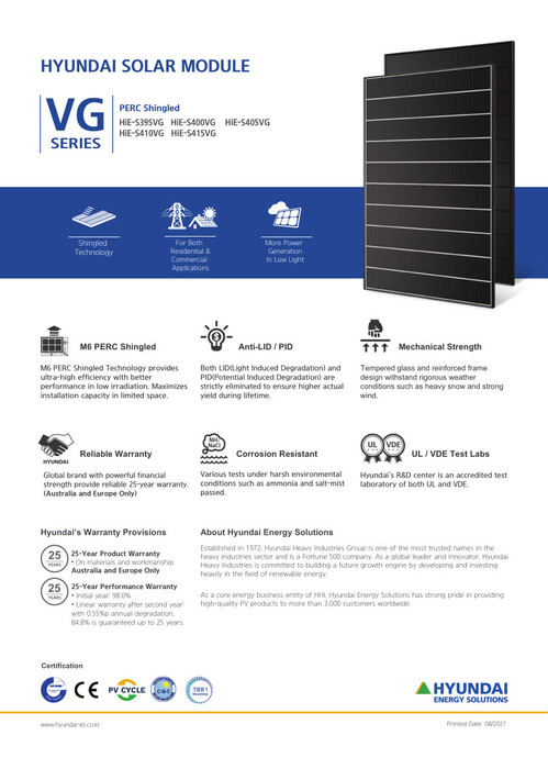 Solar Panel - Hyundai - HiE-S415VG - 415Wp - Mono - Secondsol