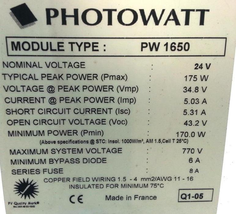 Solar Panel - Photowatt - PW1650 24V 175Wp - 175Wp - Poly - Secondsol