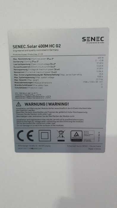 Solar Panel - SENEC - 400M HC G2 S1-C5 DT/D - 400Wp - Mono - Secondsol