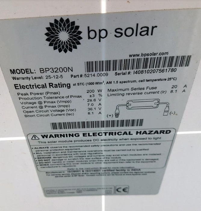 Solar Panel - BP Solar - BP 3200N - 200Wp - Poly - Secondsol