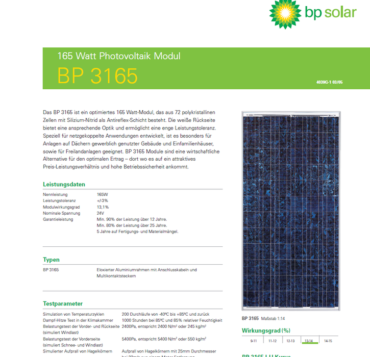 Solar Panel - BP Solar - BP 3165 S / QS - 165Wp - Poly - Secondsol