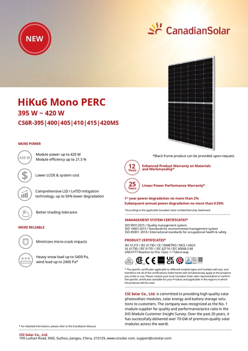 Solar Panel - Canadian Solar - HiKu6 Mono PERC CS6R–410MS–EVO2 - 410Wp ...