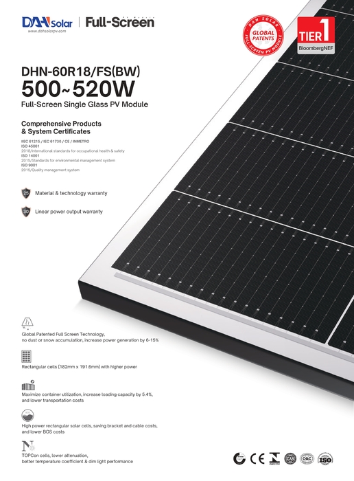 Solar Panel - DAH Solar - DHN-60R18/FS(BW)-510W - 510Wp - Mono - Secondsol