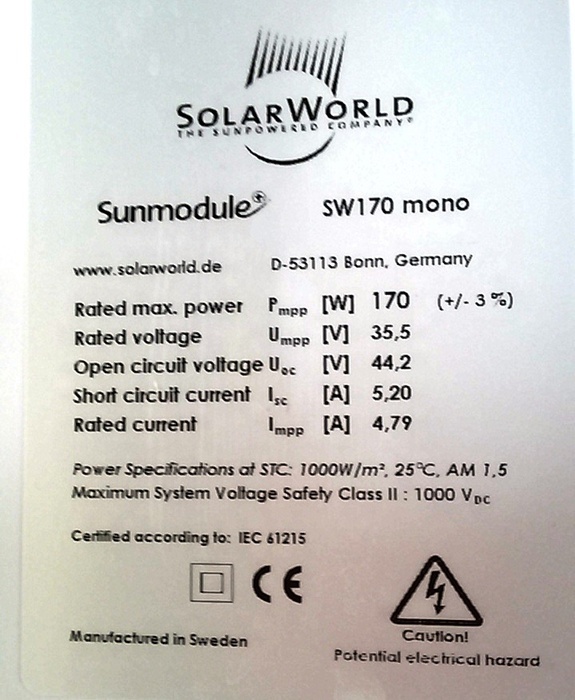 Solar Panel - Solarworld - SW 170 - 170Wp - Mono - Secondsol