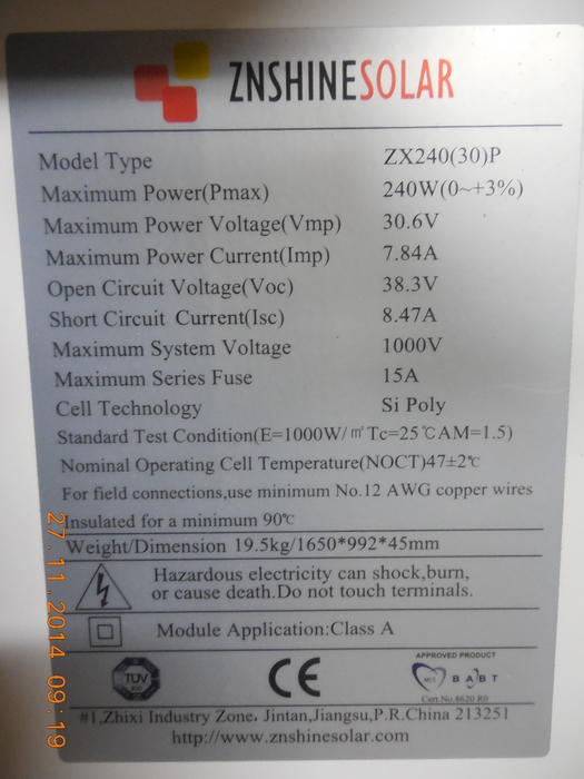 Solar Panel - ZNShine - ZX240(30)P - 240Wp - Poly - Secondsol
