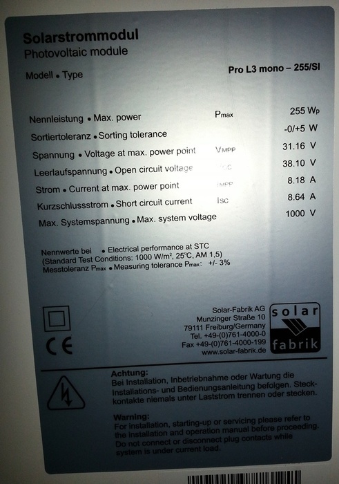 Solar Panel - Solar Fabrik - Pro L3 Mono 255/SI - 255Wp - Mono - Secondsol