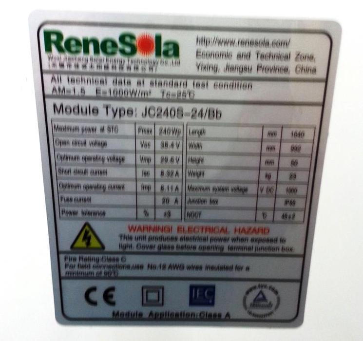 Solar Panel - Renesola - JC240S-24/Bb 240Wp - 240Wp - Poly - Secondsol