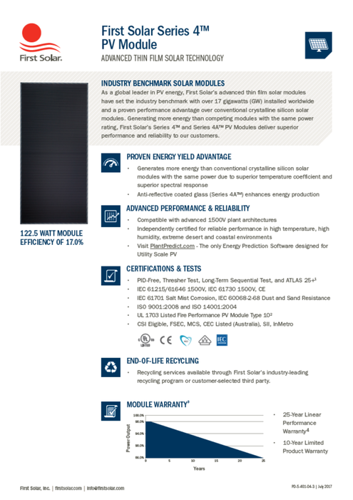 Moduli FV - First Solar - FS-4120A-3 - 120Wp - CdTe - Secondsol