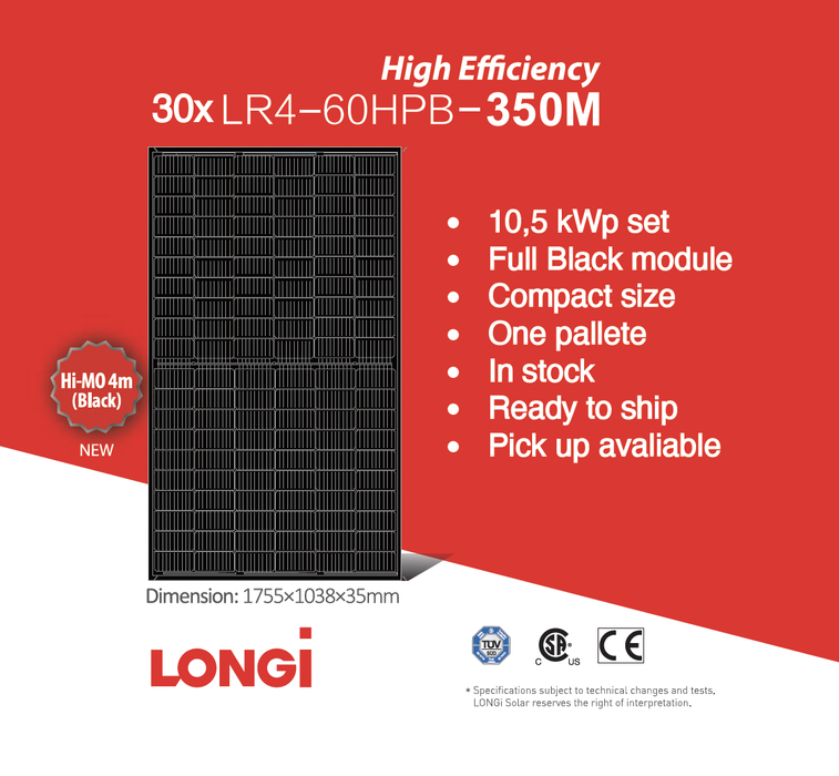 Moduli FV - LONGI Solar - 10.50 kW SET - LR4-60 HPB 350 M - 350Wp - Mono - Secondsol