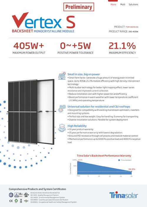 Moduli FV - Trina Solar - Vertex S - TSM-DE09.08 - 405 W - 405Wp - Mono - Secondsol