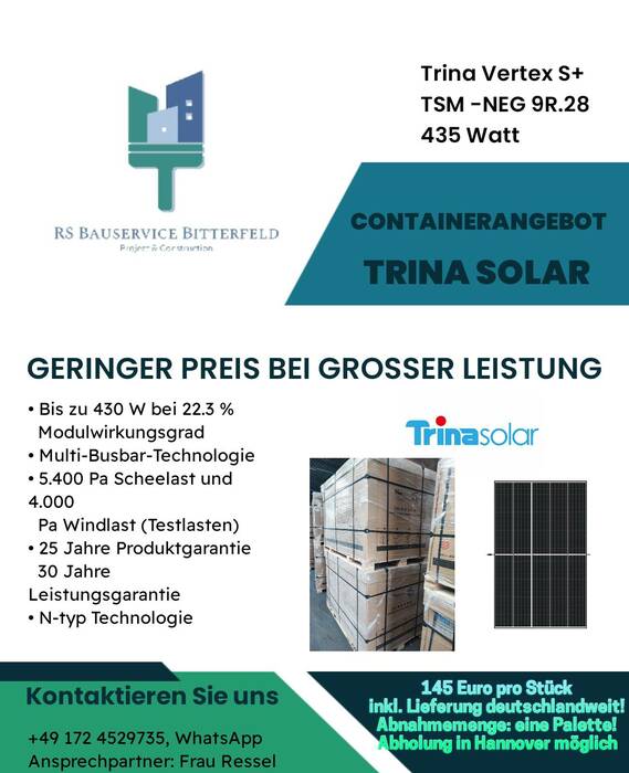 Moduli FV - Trina Solar - Trina Vertex S+ 435 Watt TSM-NEG9R.28, DOPPELGLAS N-Typ i-TOPCon MODUL ...