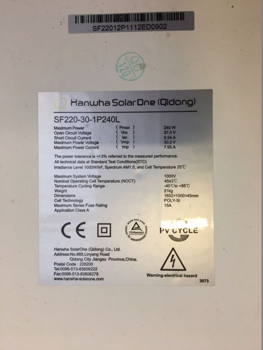 Zonnepanelen - Hanwha SolarOne - SF220-30-1P240L - 240Wp - Poly - Secondsol