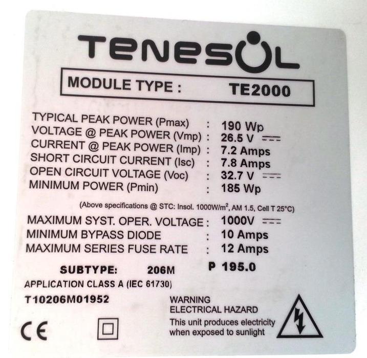 Zonnepanelen - Tenesol - TE2000 190Wp - 190Wp - Poly - Secondsol