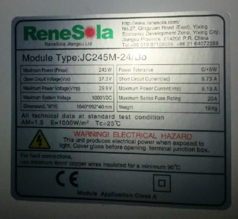 Zonnepanelen - Renesola - JC 245M-24/Bb 245Wp - 245Wp - Poly - Secondsol