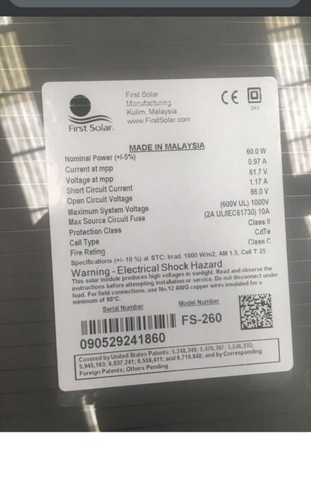 Zonnepanelen - First Solar - FS-260 - 60Wp - Mono - Secondsol